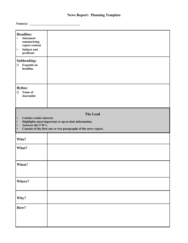 News Report Planning Template