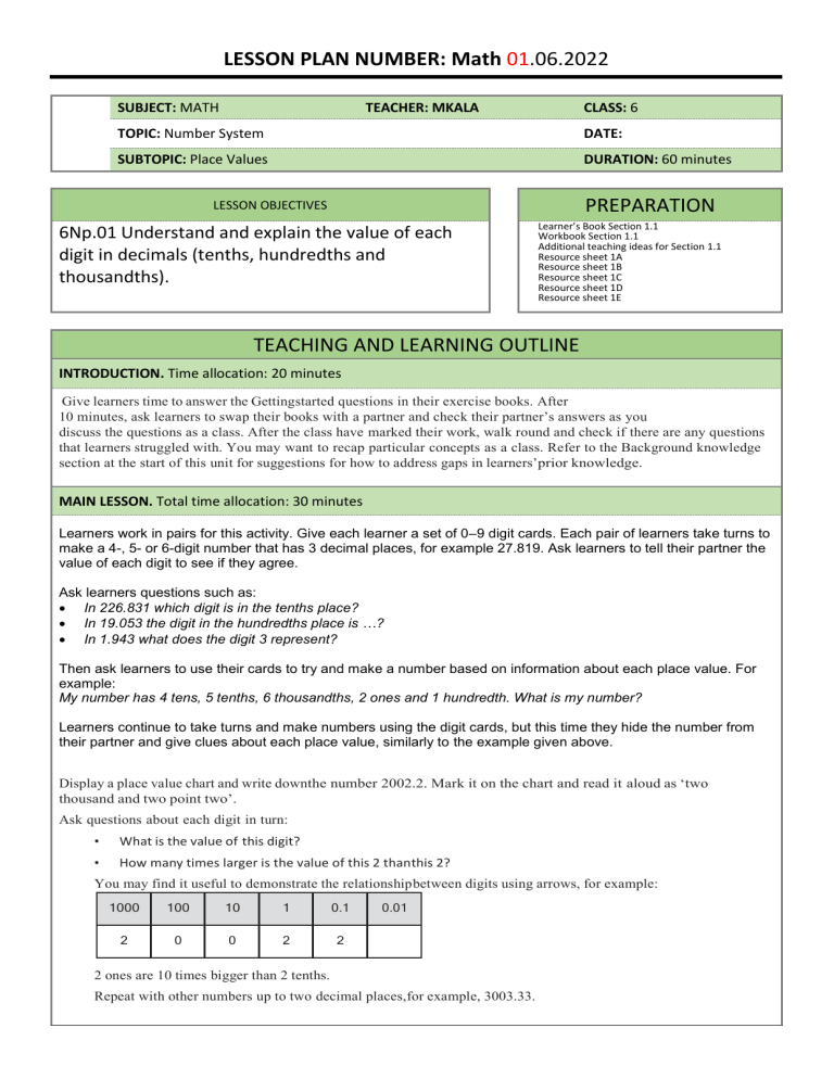 Math LESSON PLAN Year 6