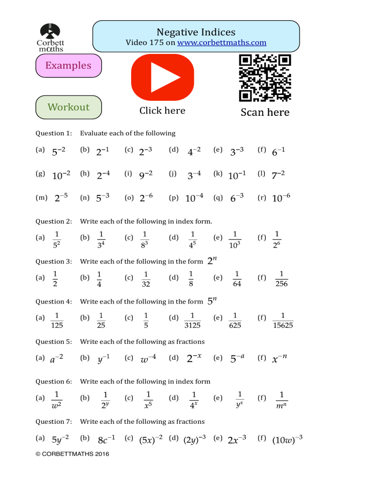Negative Indices Worksheet Corbettmaths Practice