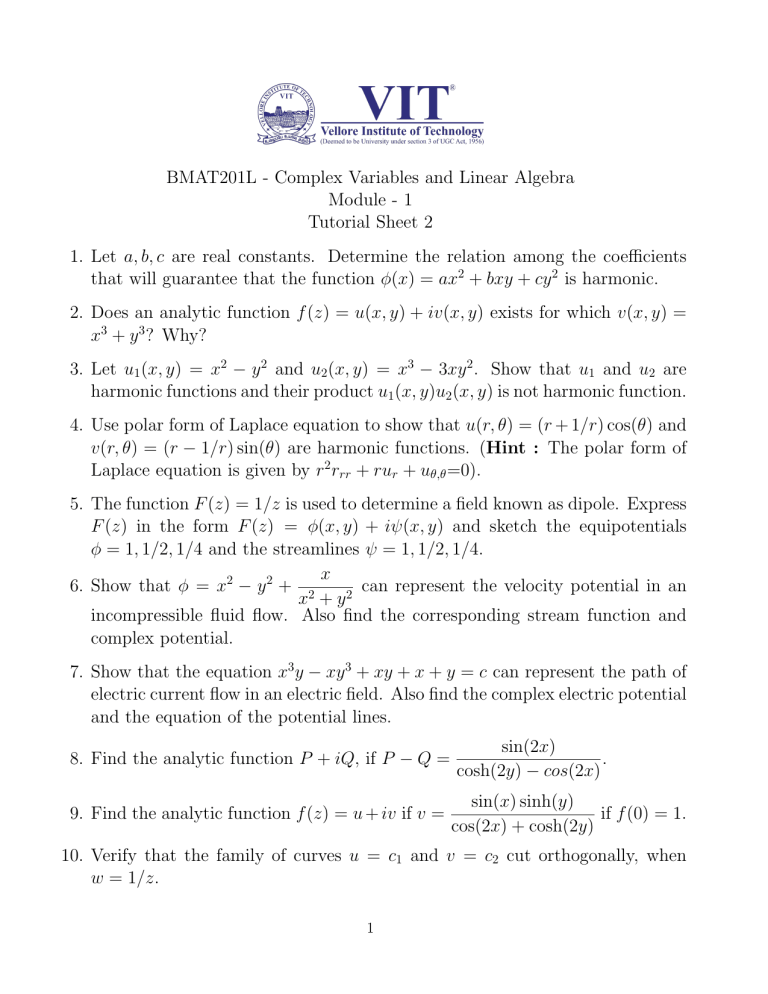 Complex Variables Linear Algebra Tutorial Sheet Complex Variables Linear Algebra Tutorial Sheet
