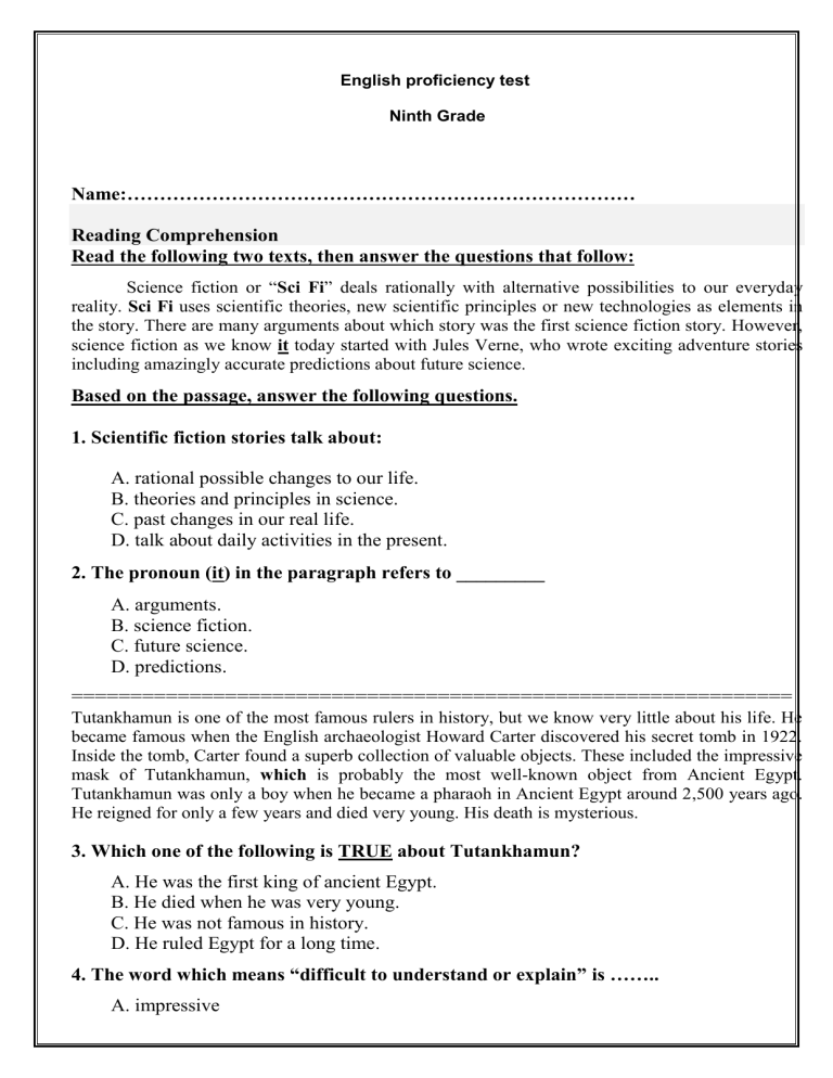 Diagnostic Test 9th Grade