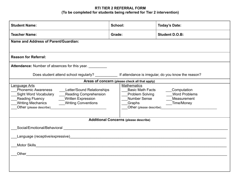 RTI Tier 2 Referral Form RTI Tier 2 Referral Form