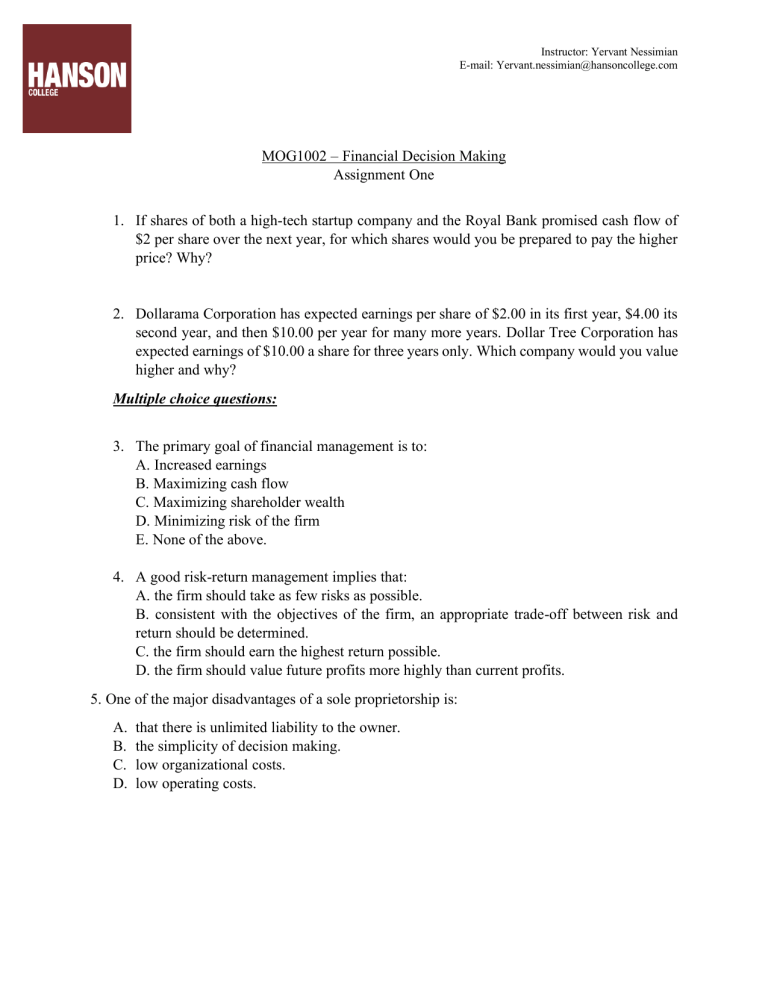 Finance Activity One Finance Activity One