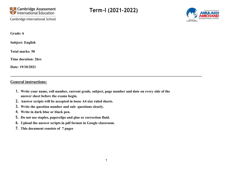 Grade 6 ENGLISH Term 1 2021 2022 Grade 6 ENGLISH Term 1 2021 2022