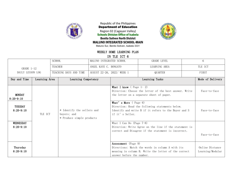 Weekly Home Learning Plan TLE ICT 6