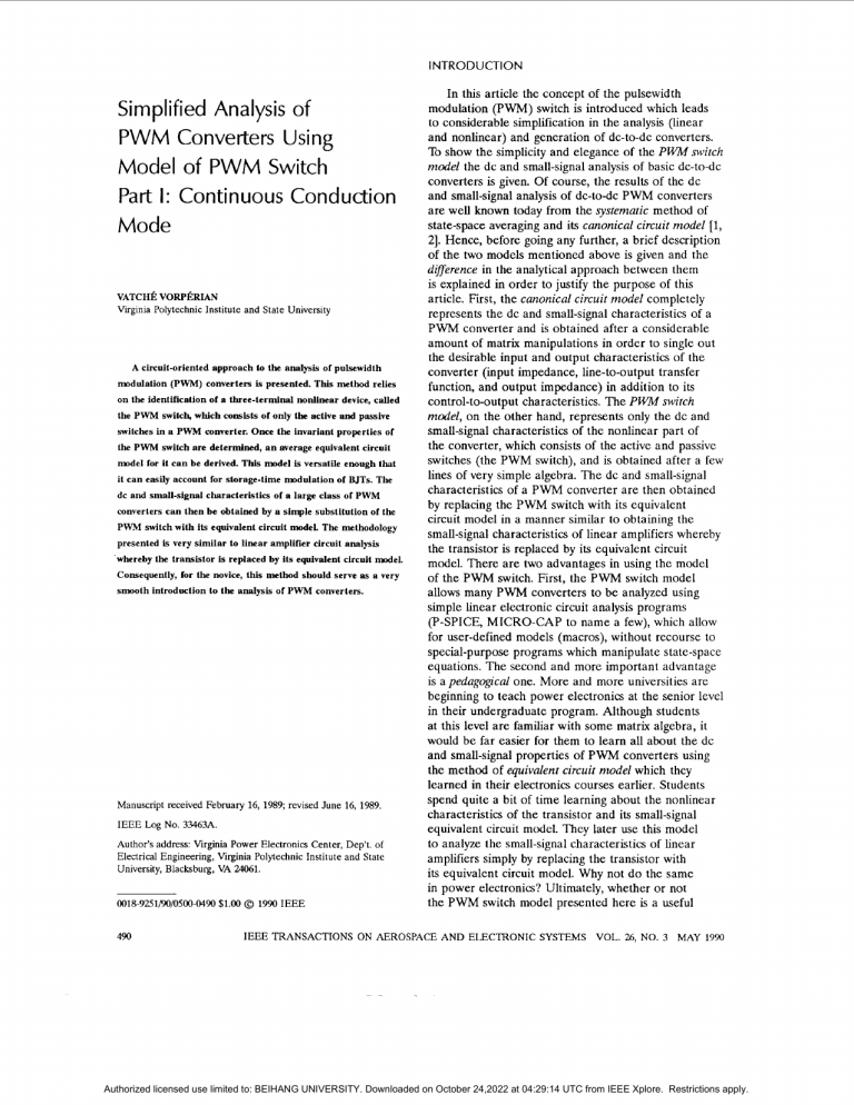 Simplified Analysis Of Pwm Converters Using Model Of Pwm Switch