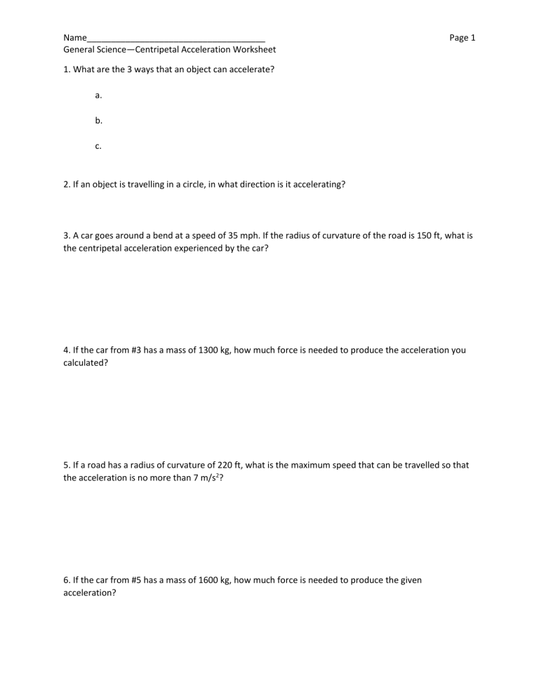 General Science Centripetal Acceleration Worksheet General Science Centripetal Acceleration Worksheet