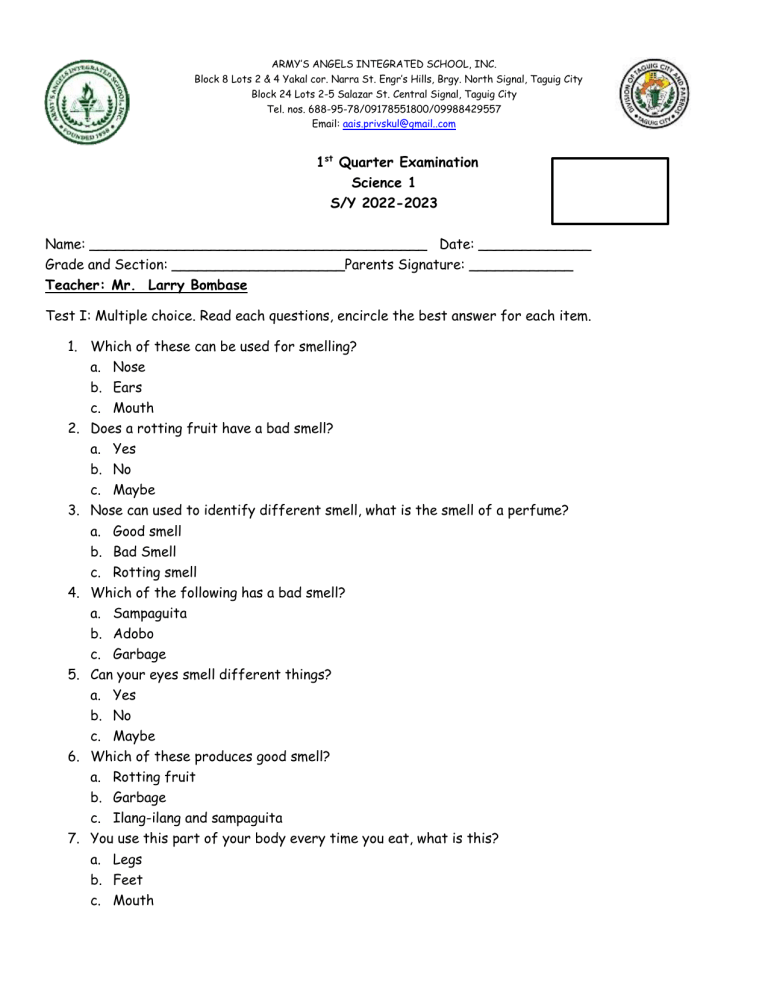 1st quarter test SCIENCE 1 1st quarter test SCIENCE 1