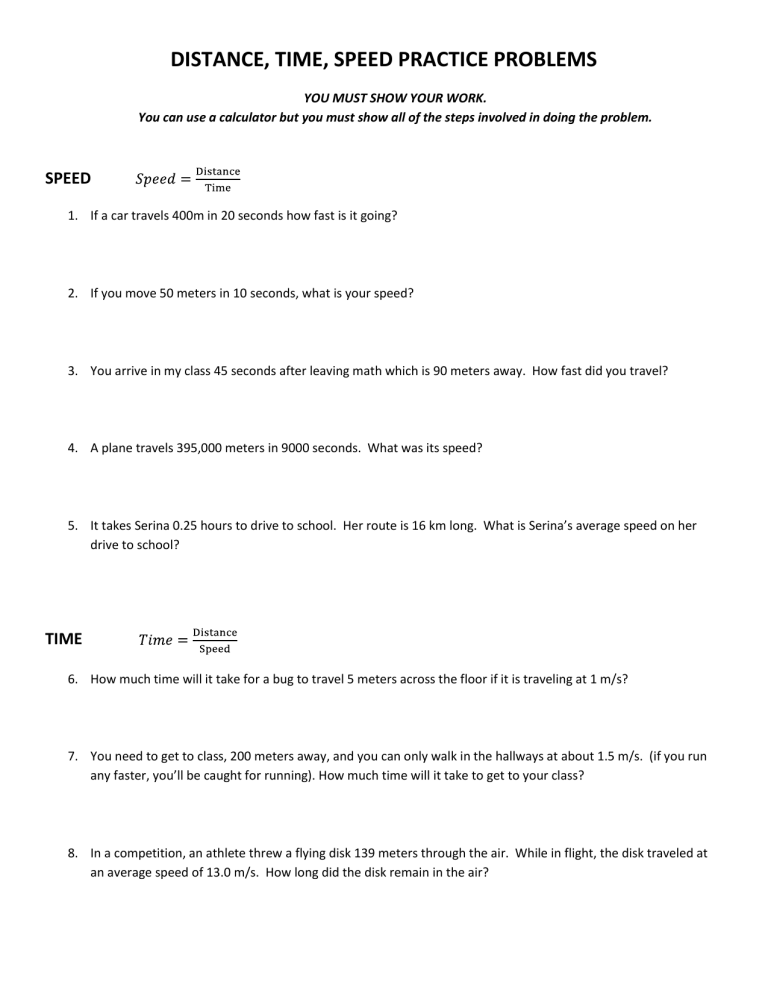 Distance Time Speed Practice Problems Worksheet Distance Time Speed Practice Problems Worksheet