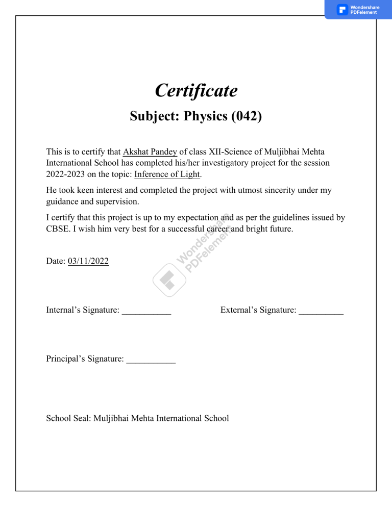 Physics Project Certificate: Inference of Light