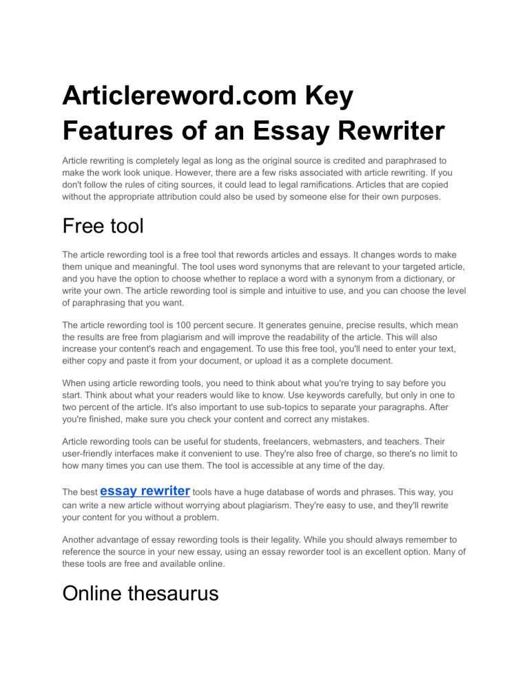Articlereword Key Features Of An Essay Rewriter
