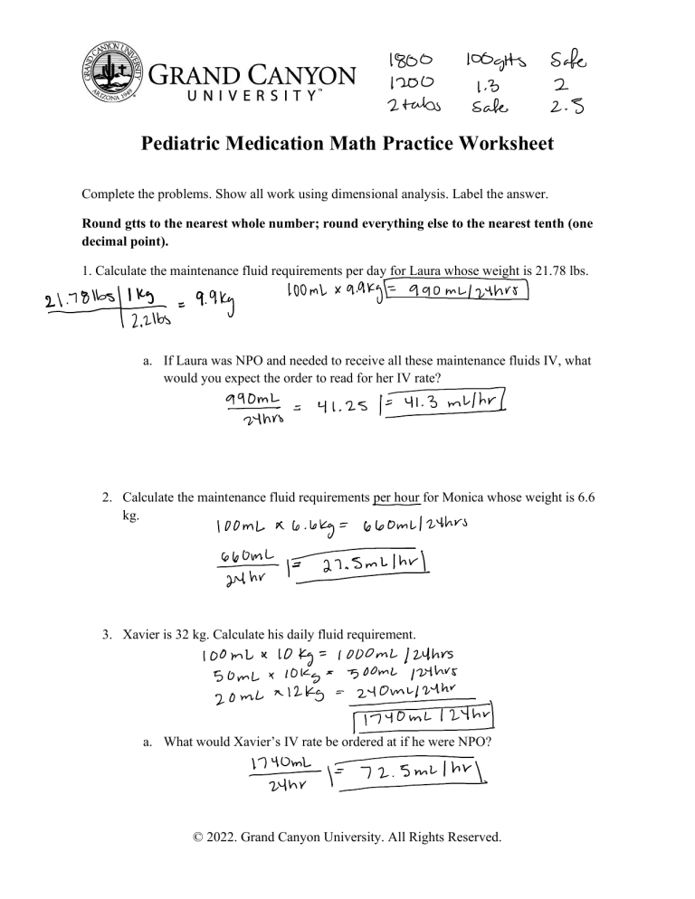 Pediatric Medication Math Practice Worksheet