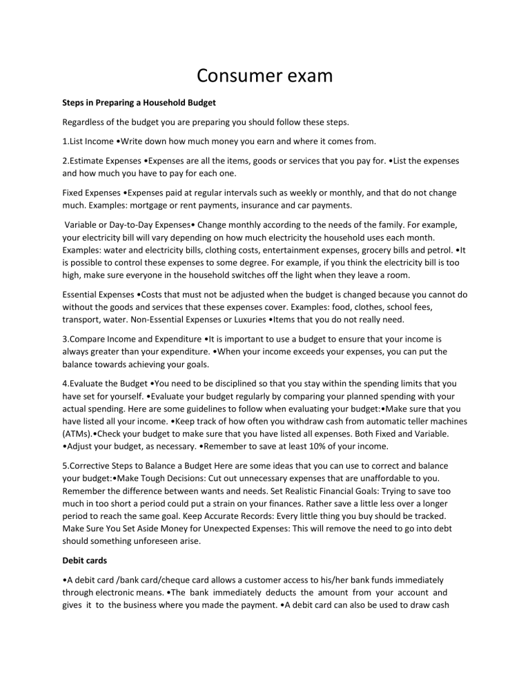 Consumer Exam: Budgeting, Credit, & Nutrition Guide
