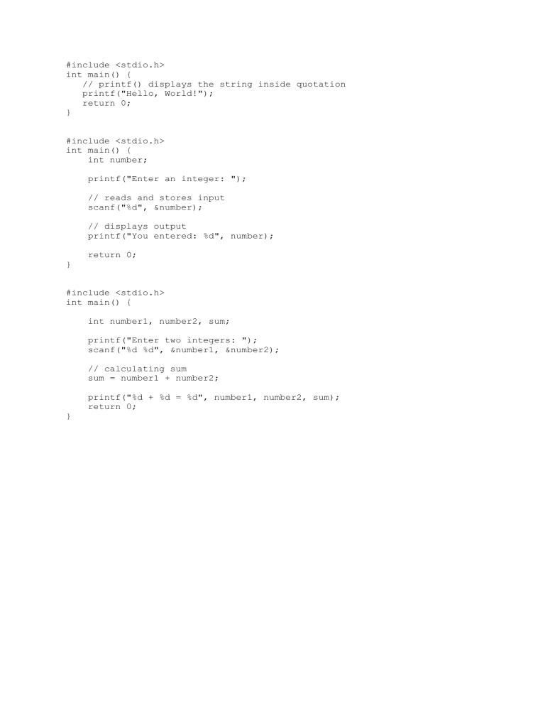 C Programming Code Snippets Input Output Addition