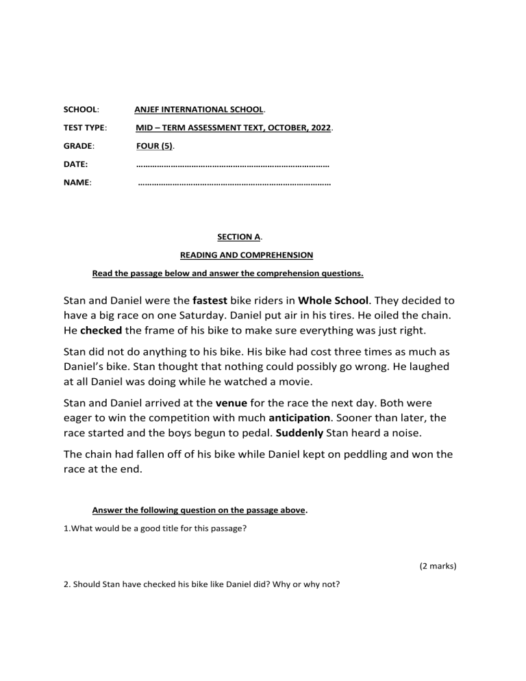 Mid Term Assessment grade 4 