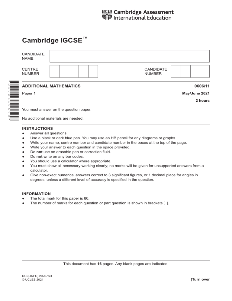 Cambridge IGCSE Additional Mathematics Exam Paper 0606/11