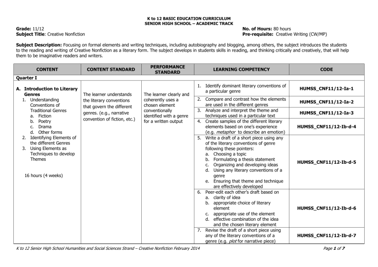 CREATIVE NONFICTION CURRICULUM GUIDE CREATIVE NONFICTION CURRICULUM GUIDE