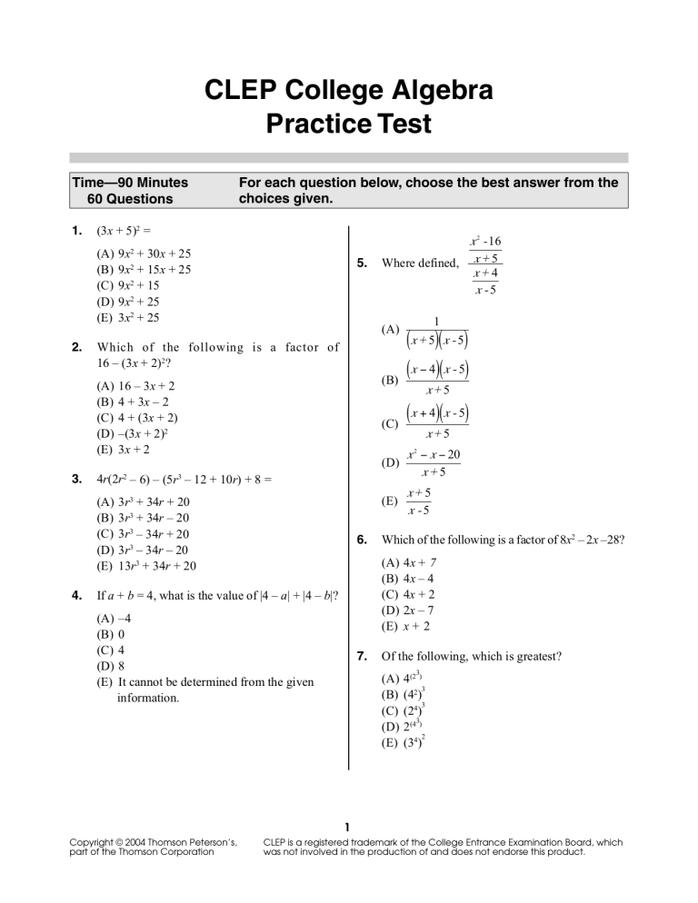 Clep college algebra practice test Compress