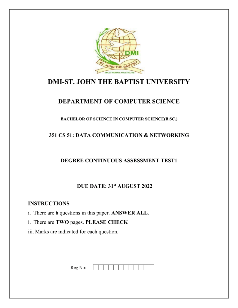 Data Communication & Networking 351 CS 51 CAT I vAug2022 Data Communication & Networking 351 CS 51 CAT I vAug2022