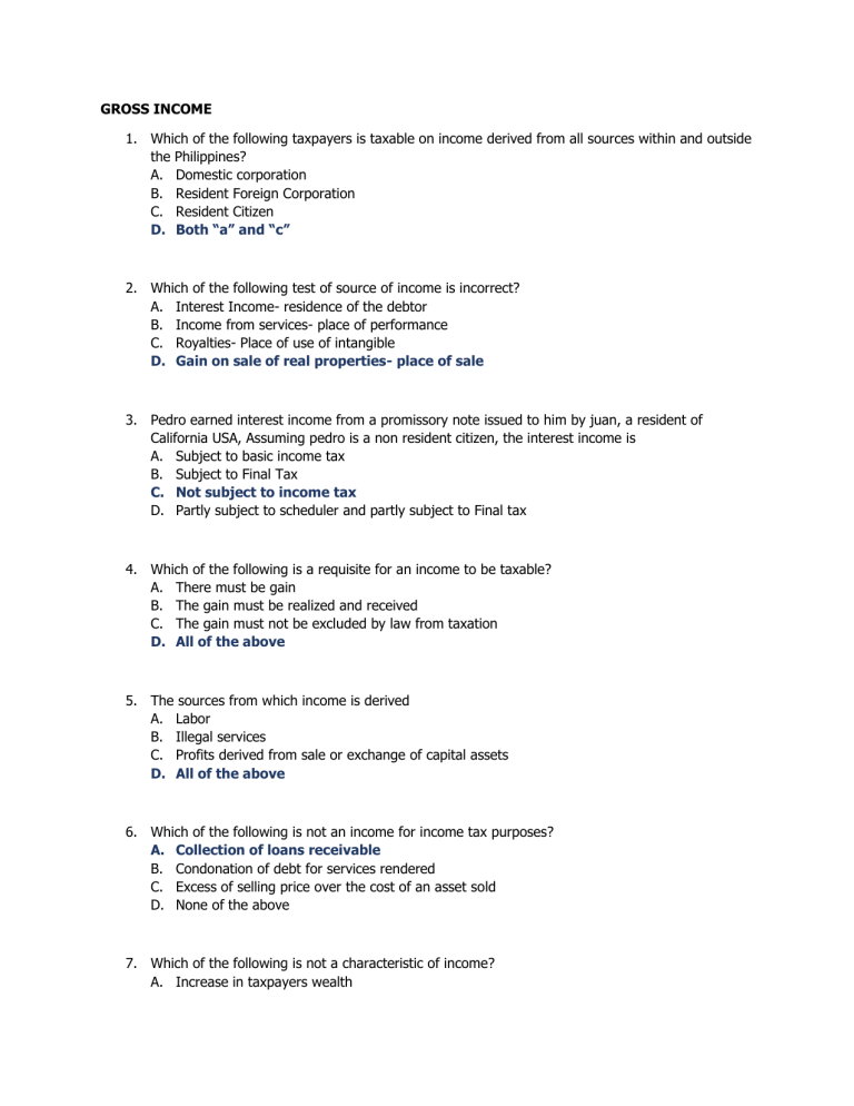 Gross Income & Deductions Exam Questions