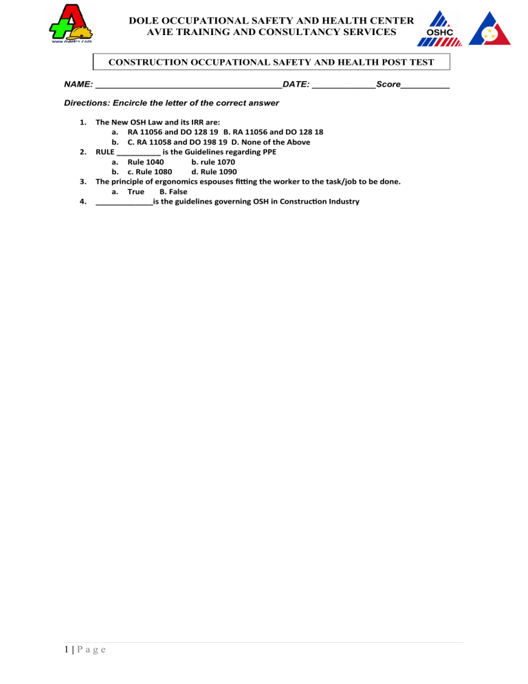 Construction Safety Health Post Test