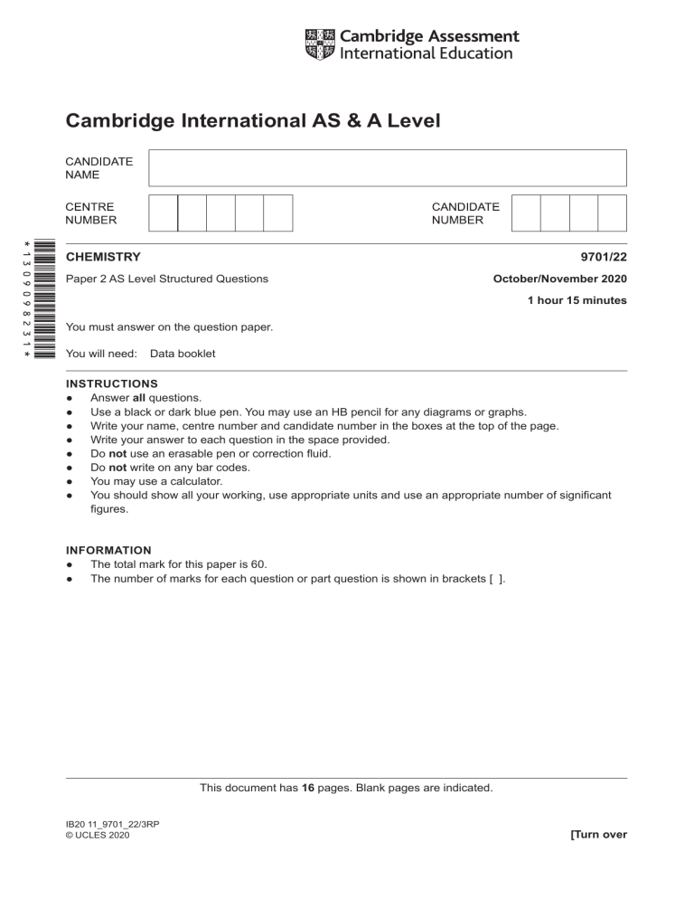 Cambridge AS Level Chemistry Exam Paper 9701/22