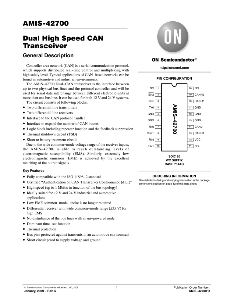 AMIS-42700 Dual CAN Transceiver Datasheet