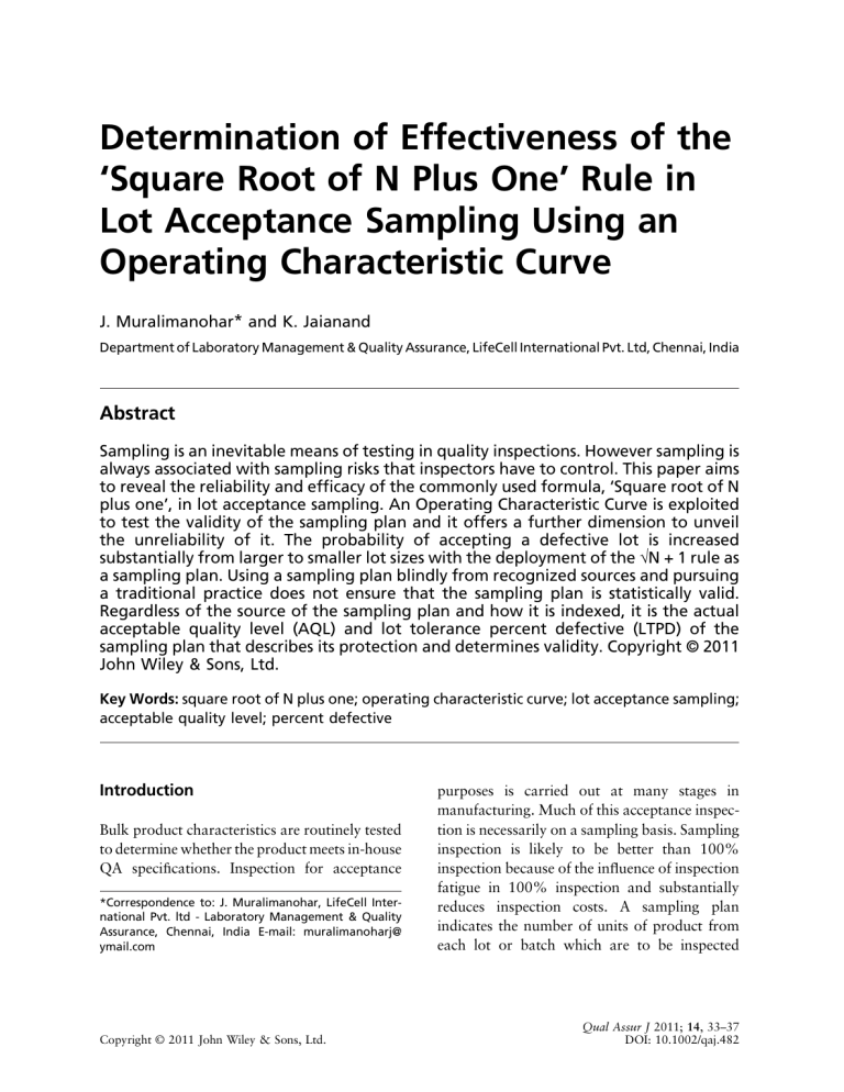 Lot Acceptance Sampling: Square Root N+1 Rule Analysis