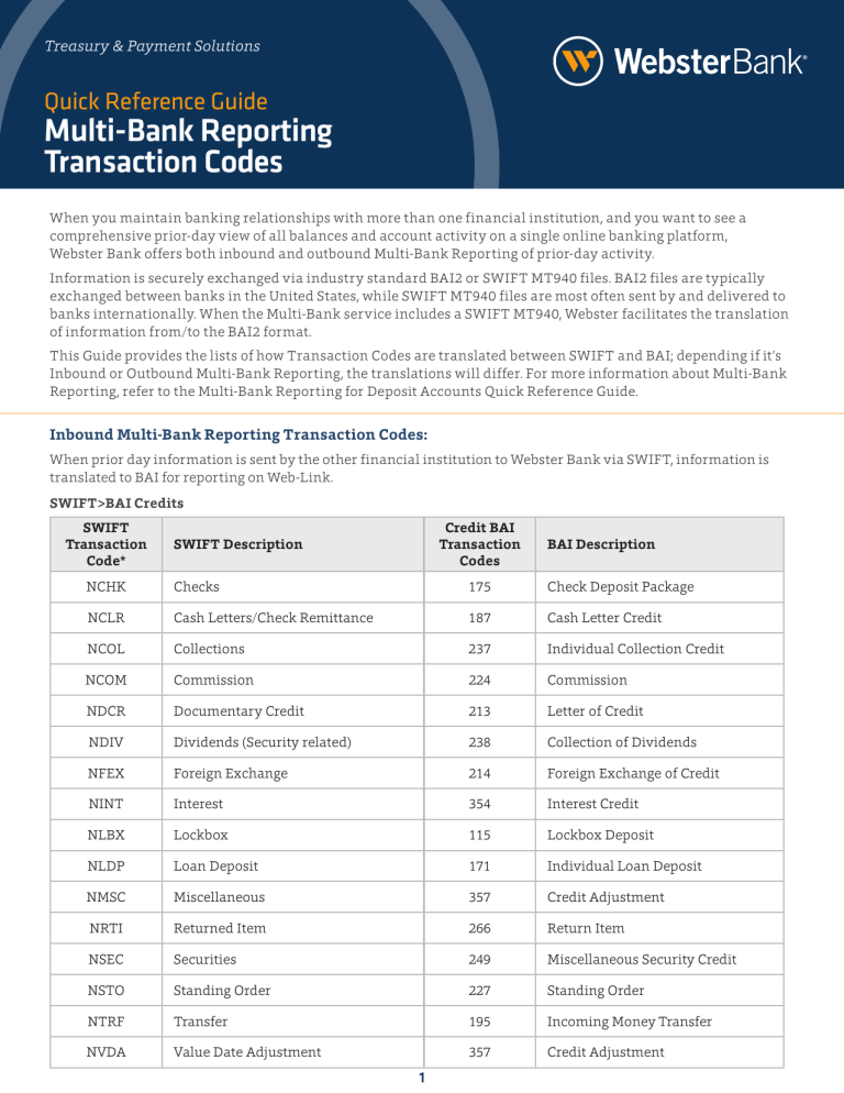 Multi-Bank Reporting Transaction Codes: Quick Reference Guide