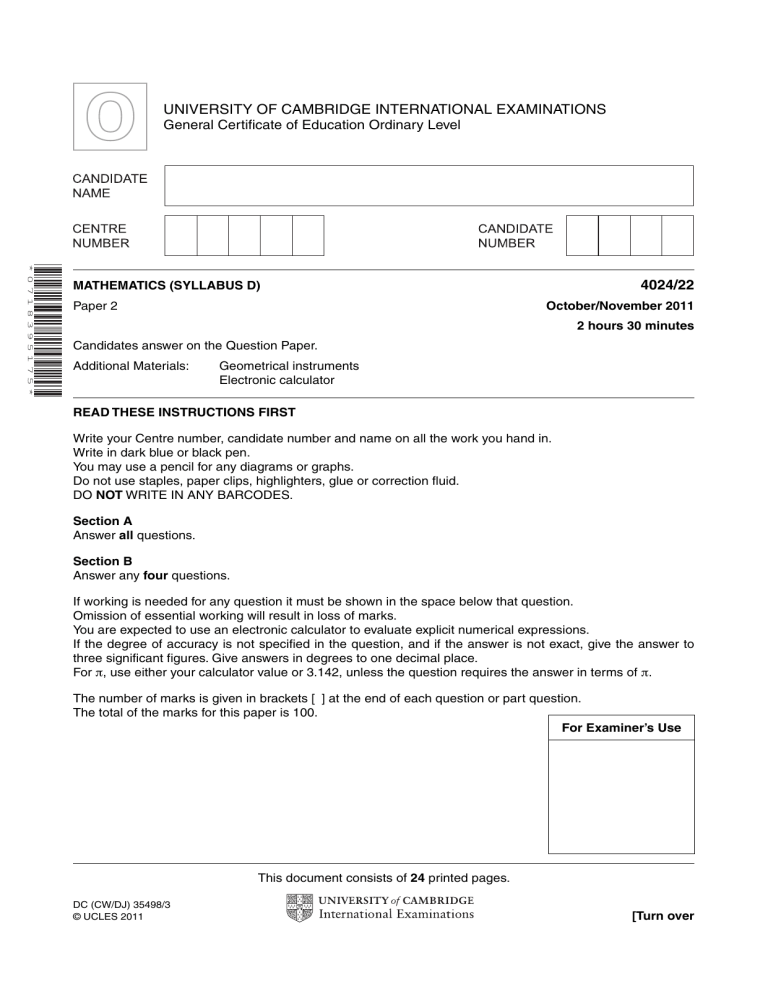 Mathematics O Level Exam Paper 2 - Oct/Nov 2011