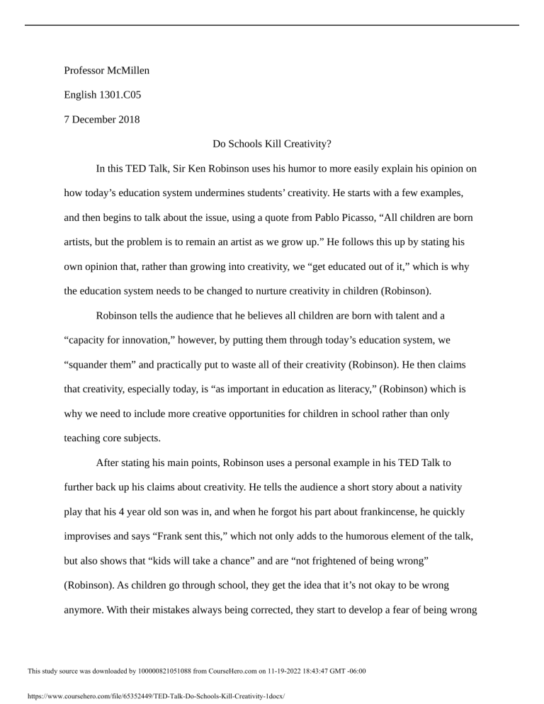 Analysis of Sir Ken Robinson's 'Do Schools Kill Creativity?'