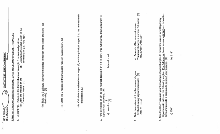 Trigonometry Test: Ratios, CAST Rule, Identities