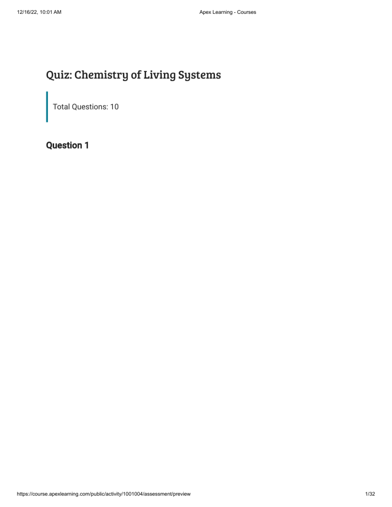 Chemistry of Living Systems Quiz