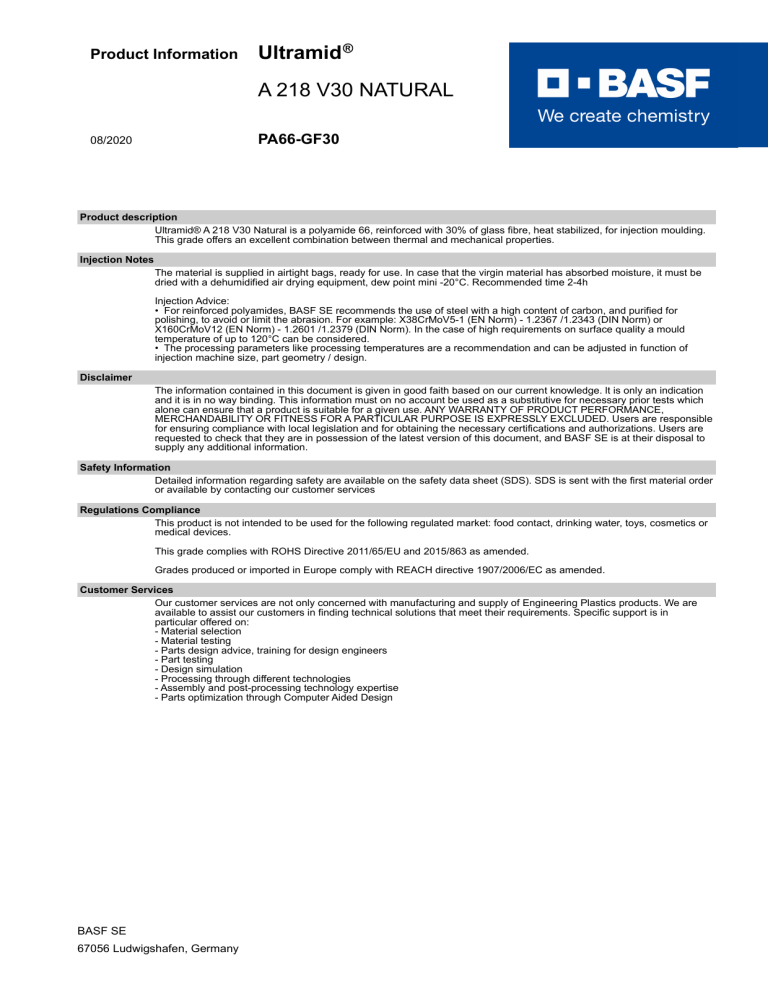 Ultramid A 218 V30 NATURAL Product Info