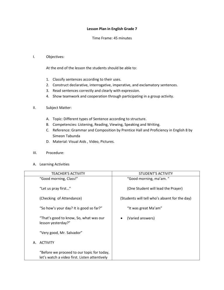 Lesson Plan In English Grade 7 Lesson Plan In English Grade 7