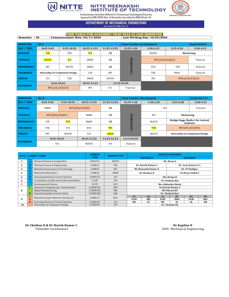 NITTE Mechanical Engineering Timetable 2022-23