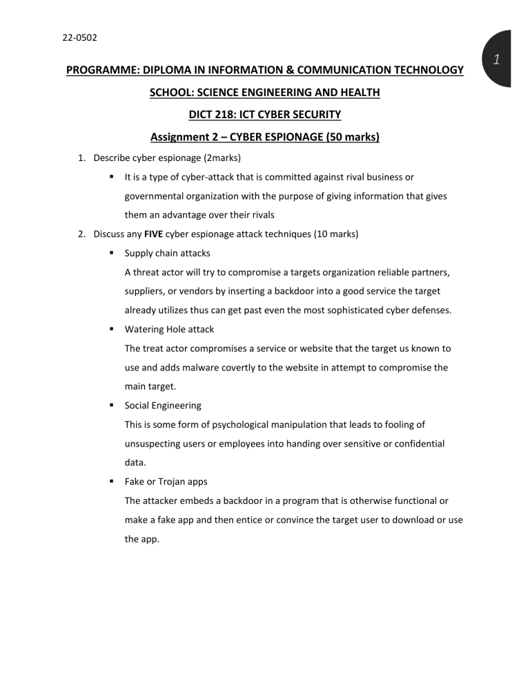 Cyber Espionage Assignment: ICT Security