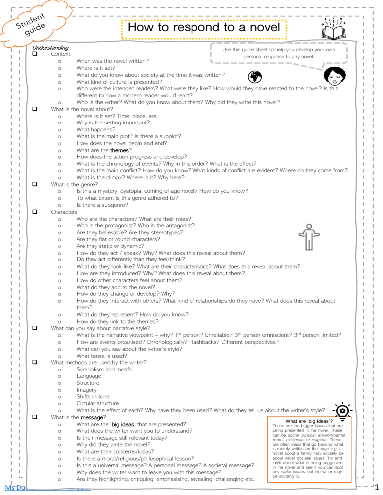 Student Guide How To Respond To A Novel