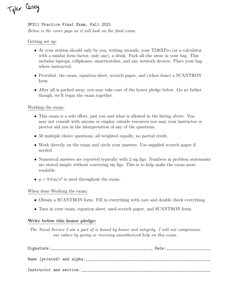SP211 Practice Final Exam - Physics