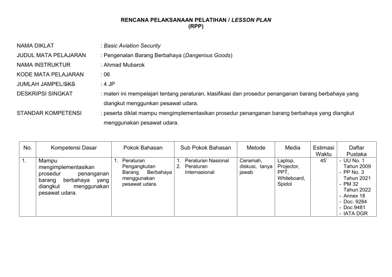 Lesson Plan Dangerous Goods Lesson Plan Dangerous Goods