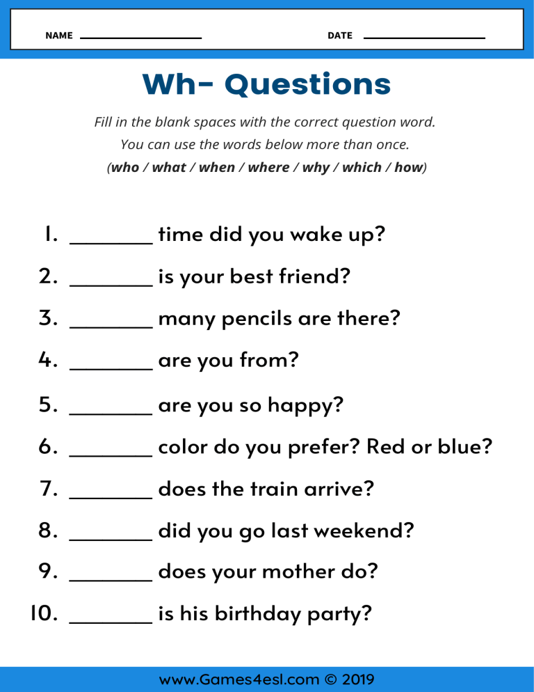 Wh Questions Worksheet Fill in the Blank