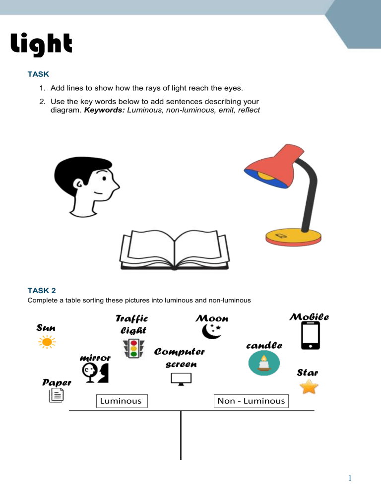 Luminous And Non Luminous Objects Worksheet Luminous And Non Luminous Objects Worksheet