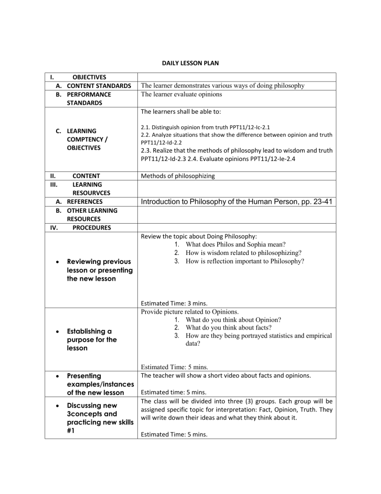 Philosophy Lesson Plan Opinion Vs Truth