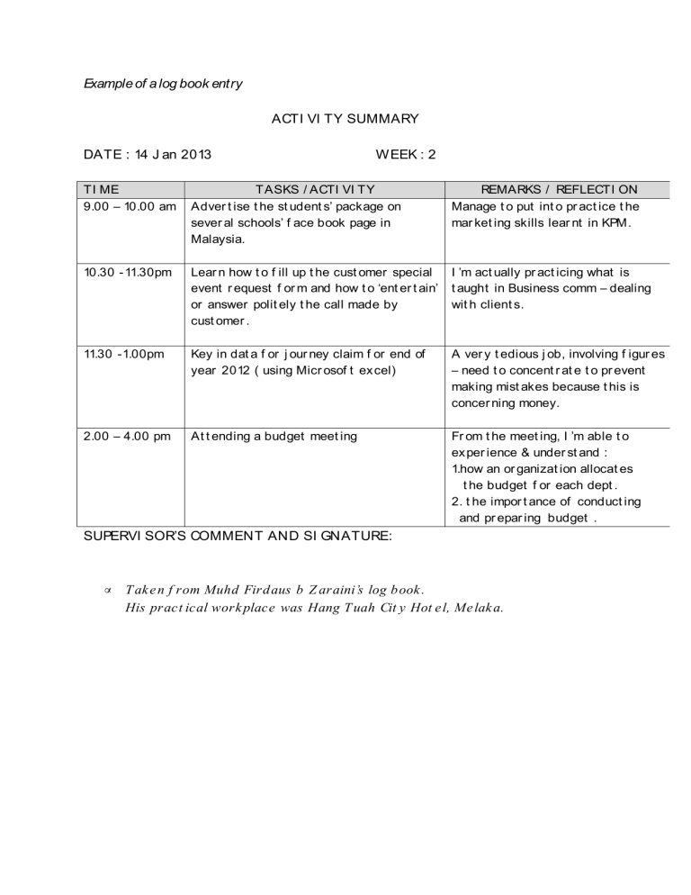 Example Of A Log Book Entry