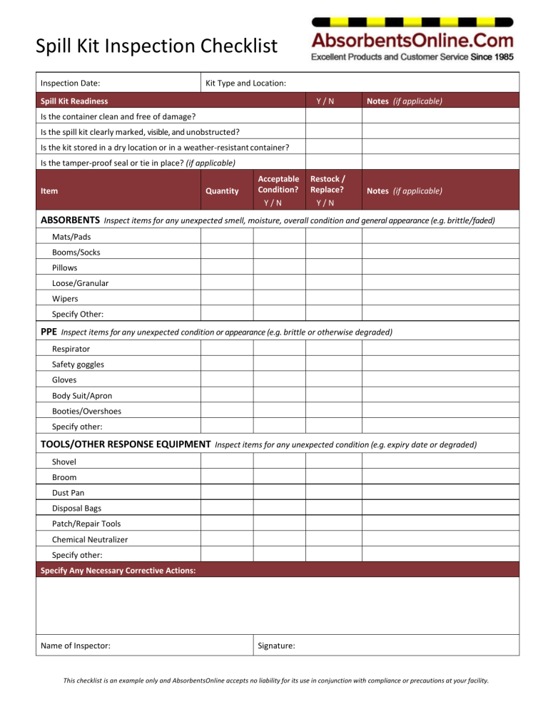 Inspection Checklist For Spill Kits Inspection Checklist For Spill Kits
