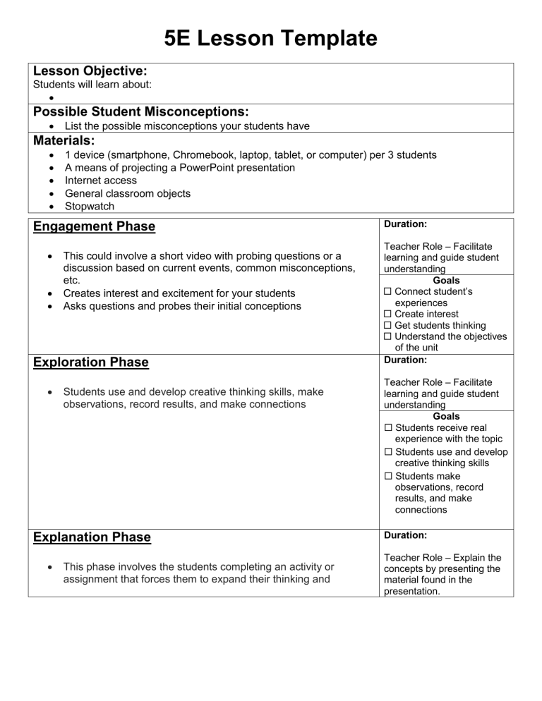 5E Lesson Plan Template Engage Explore Explain Elaborate Evaluate