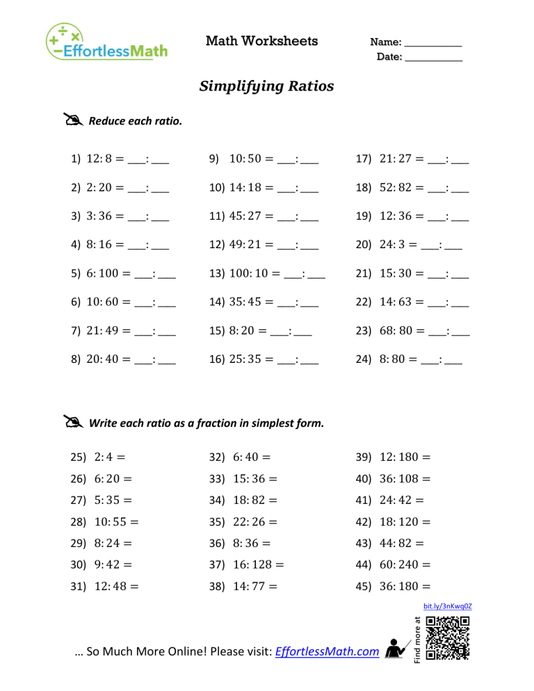 Simplifying Ratios Worksheet Math Practice