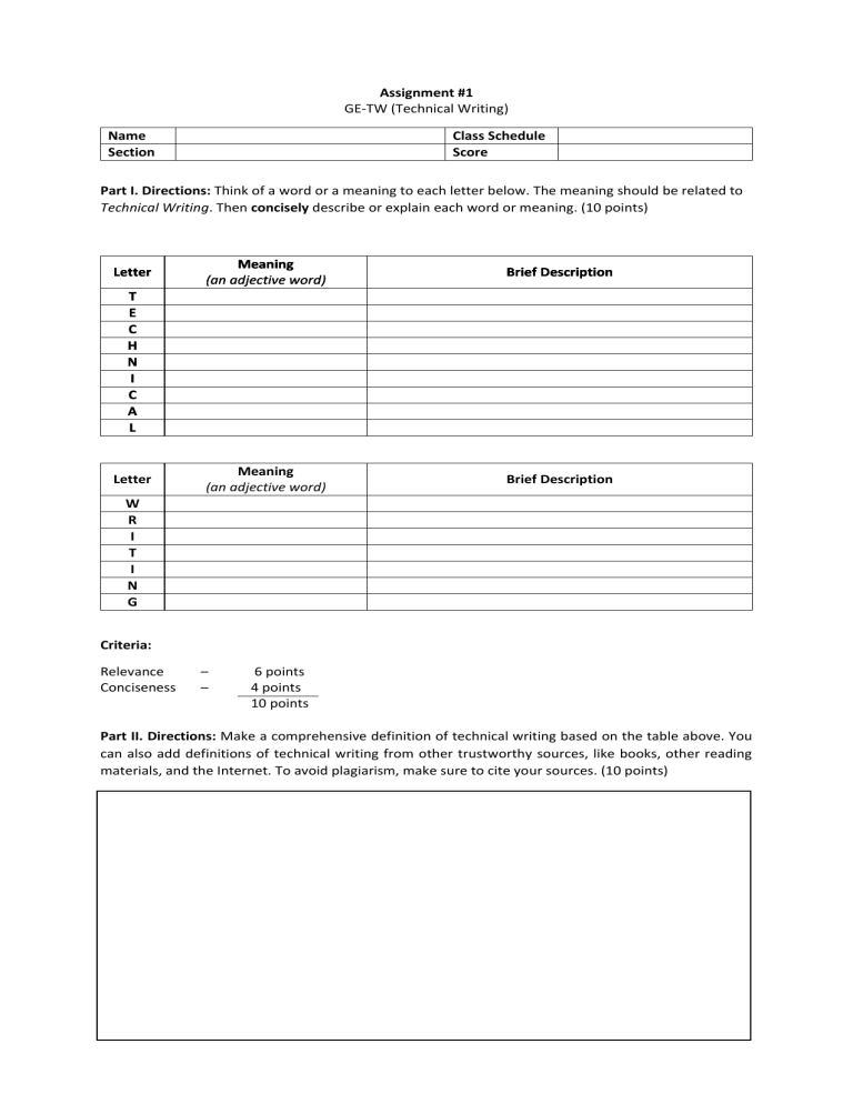 Assignment in Technical Writing Assignment in Technical Writing
