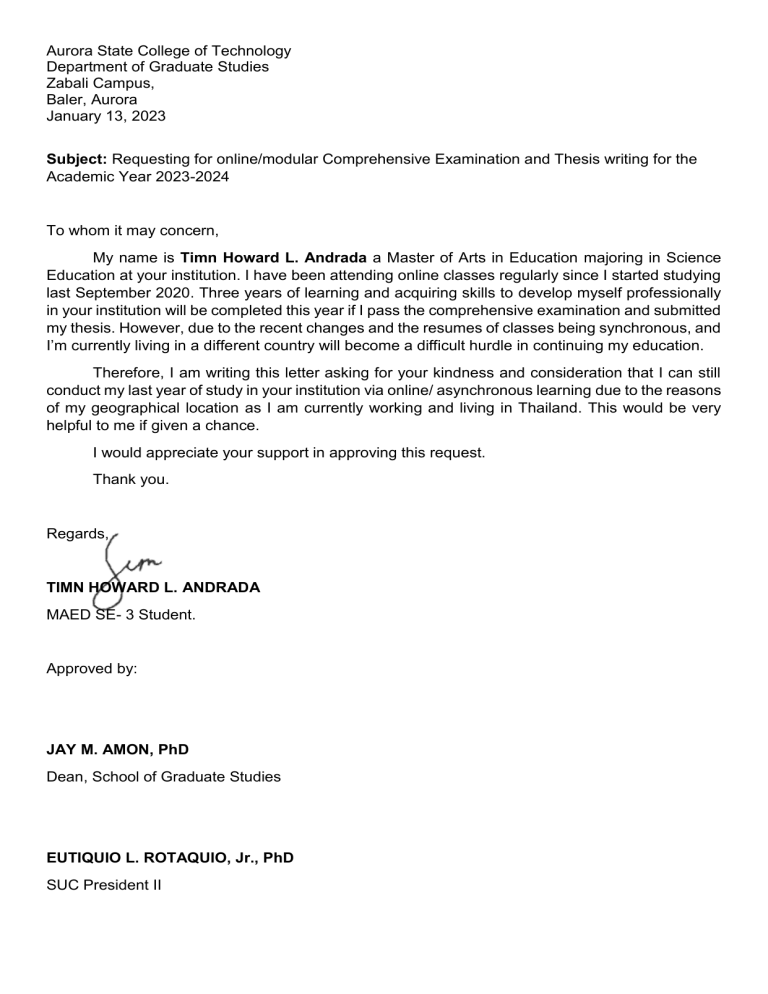 Request Letter For Compre And Thesis Request Letter For Compre And Thesis