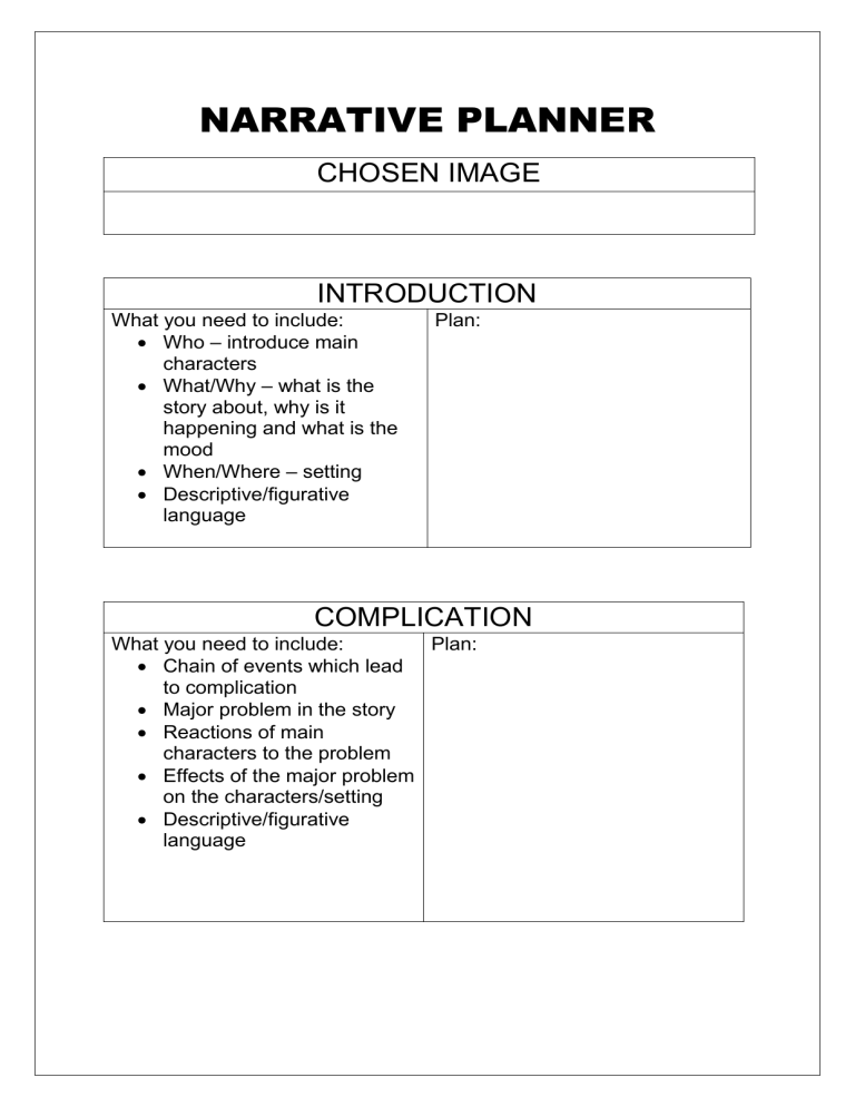 Narrative Planning Sheet Narrative Planning Sheet